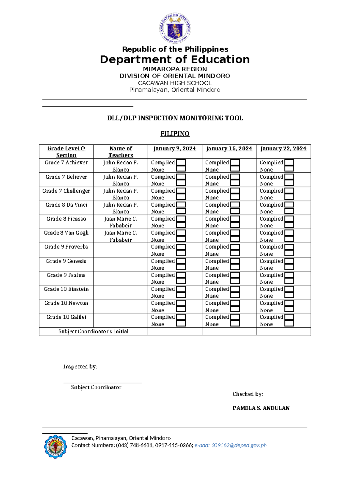 DLL/DLP Inspection Monitoring Tool for Grade 7-10 Students - Studocu
