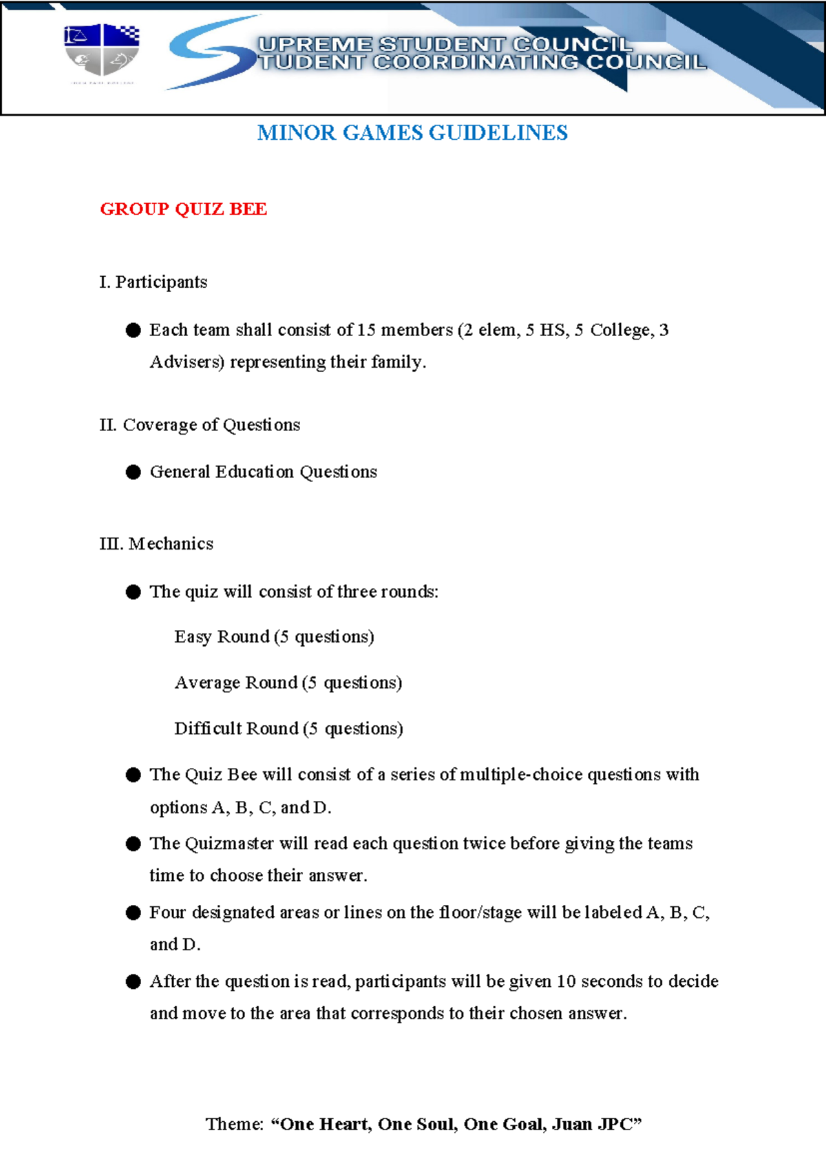 MINOR GAMES GUIDELINES GROUP QUIZ BEE (Heart, One Soul, One Goal) - Studocu