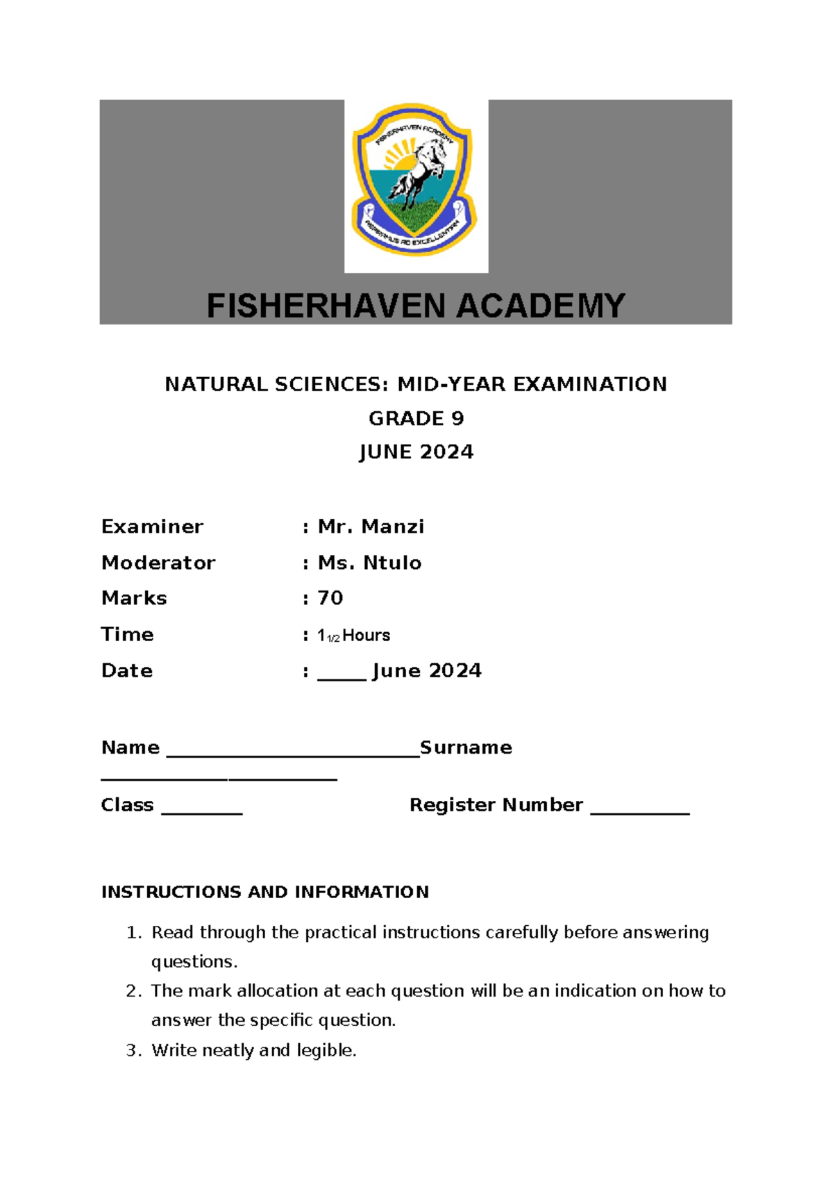 Grade 9 NS Mid-Year Examination Paper - June 2024 - Studocu