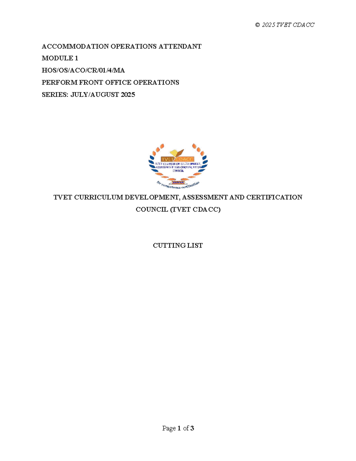 Cutting List for Front Office Operations - TVET Level 4 - Studocu