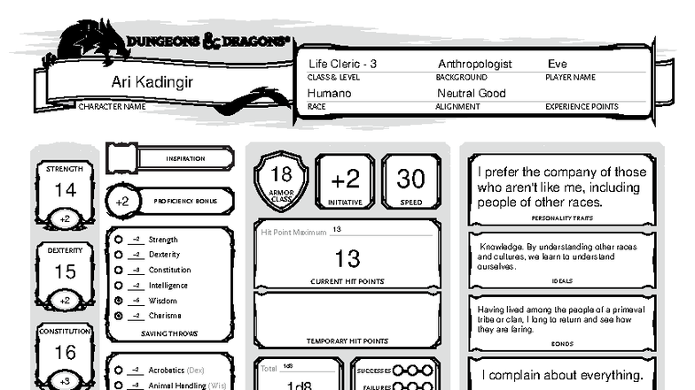 Ari Kadingir - Life Cleric Character Sheet (Level 3) - Studocu