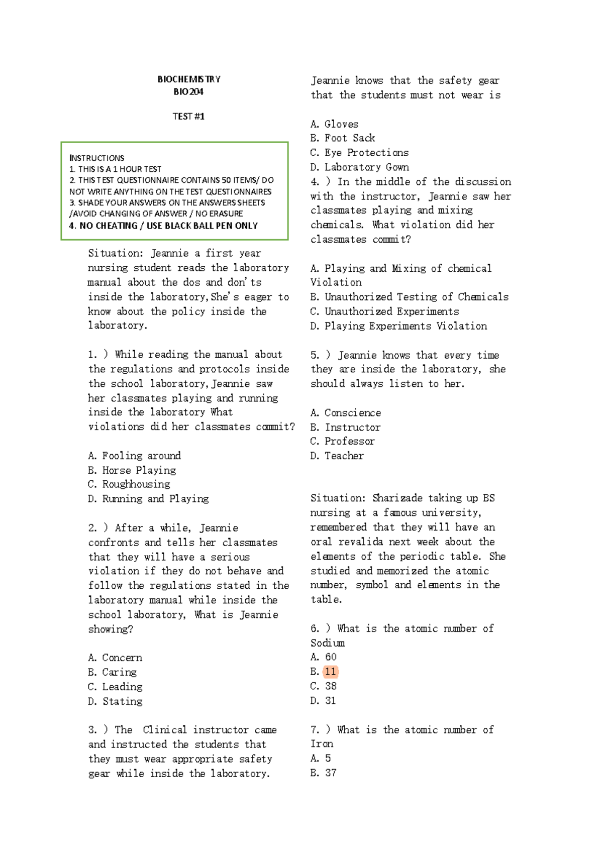 Biochemistry Quiz 1: Lab Safety and Periodic Table Knowledge - Studocu