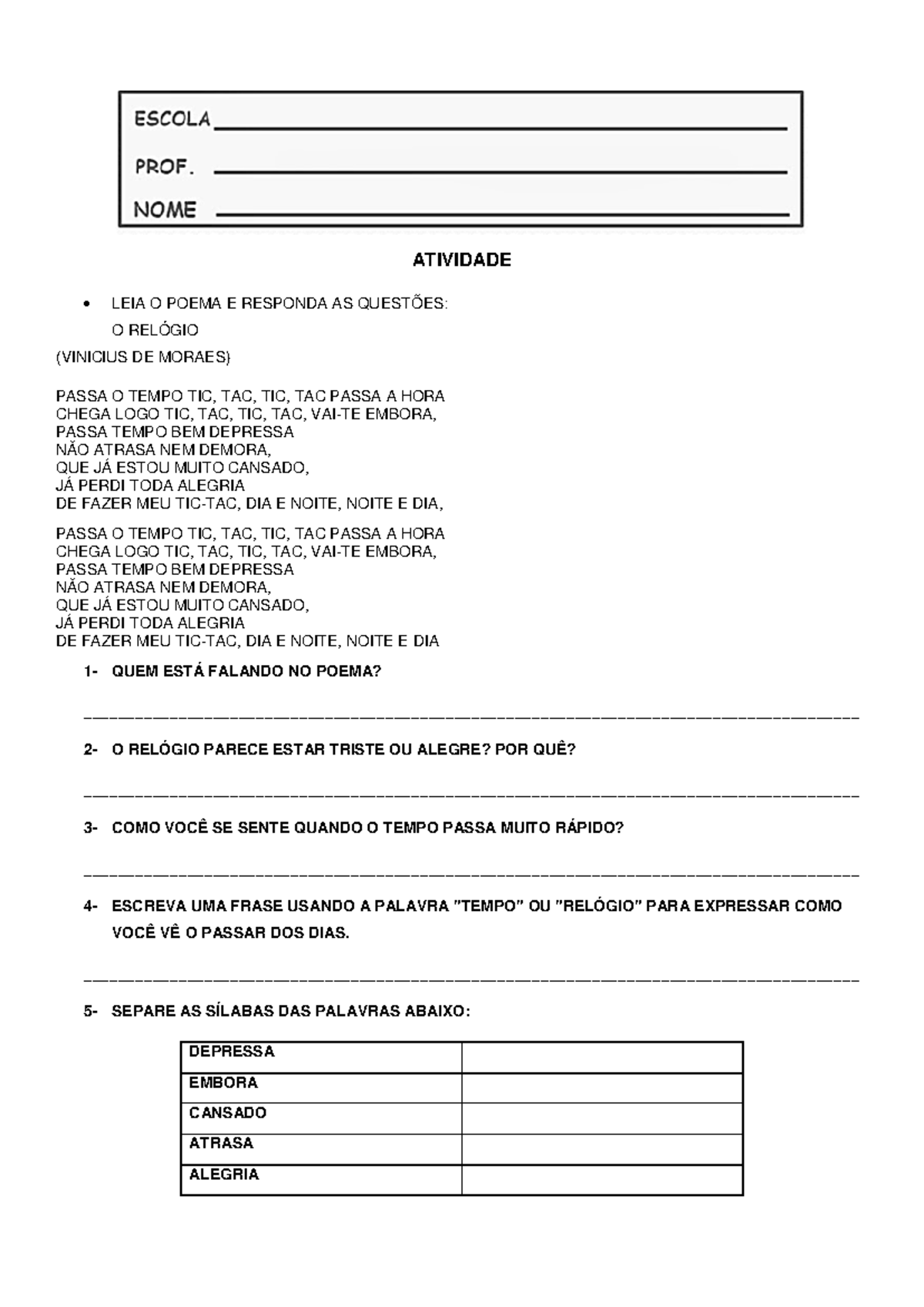 Atividade - Aula 2: Análise do Poema "O Relógio" de Vinicius de Moraes - Studocu