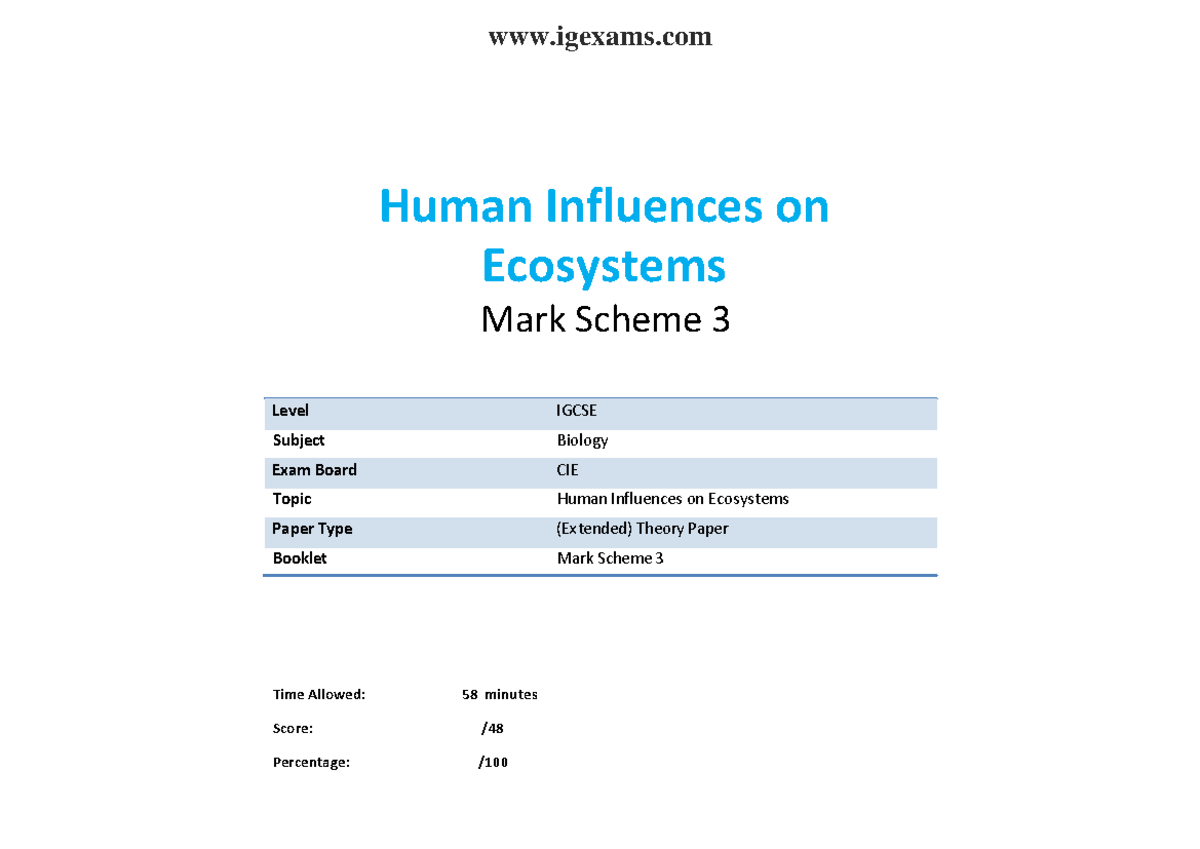 Human Influences on Ecosystems IGCSE Biology Mark Scheme (Extended ...