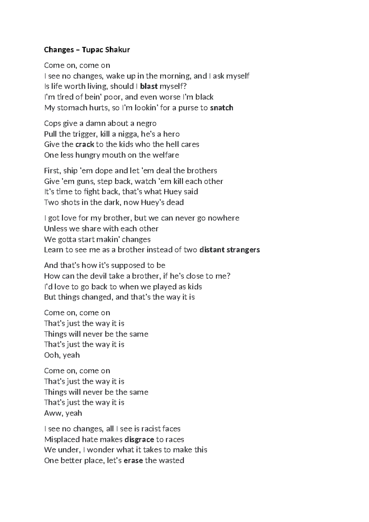 Changes - Tupac Shakur Analysis (ENG 101 Essay Notes) - Studeersnel