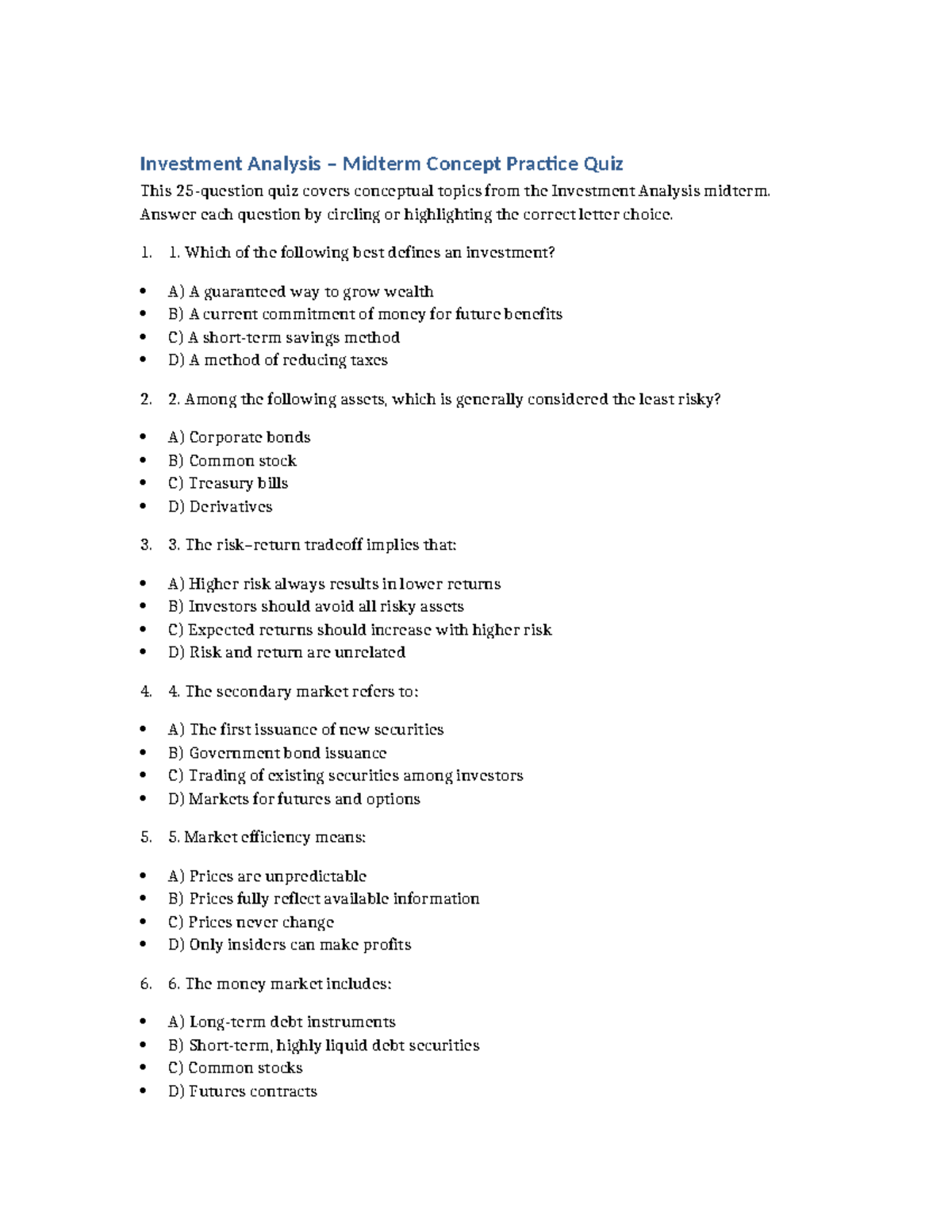 Investment Analysis (FIN 301) Midterm Concept Quiz & Answers - Studocu
