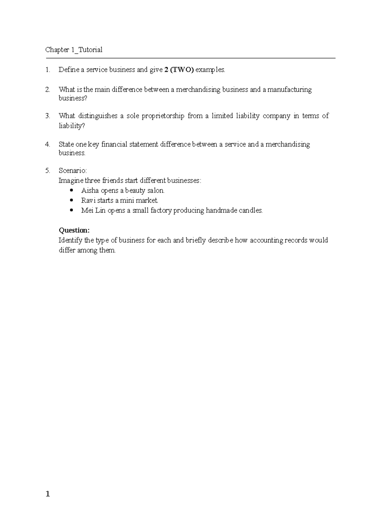 Chapter 1 Tutorial: Service vs. Merchandising Business Analysis - Studocu