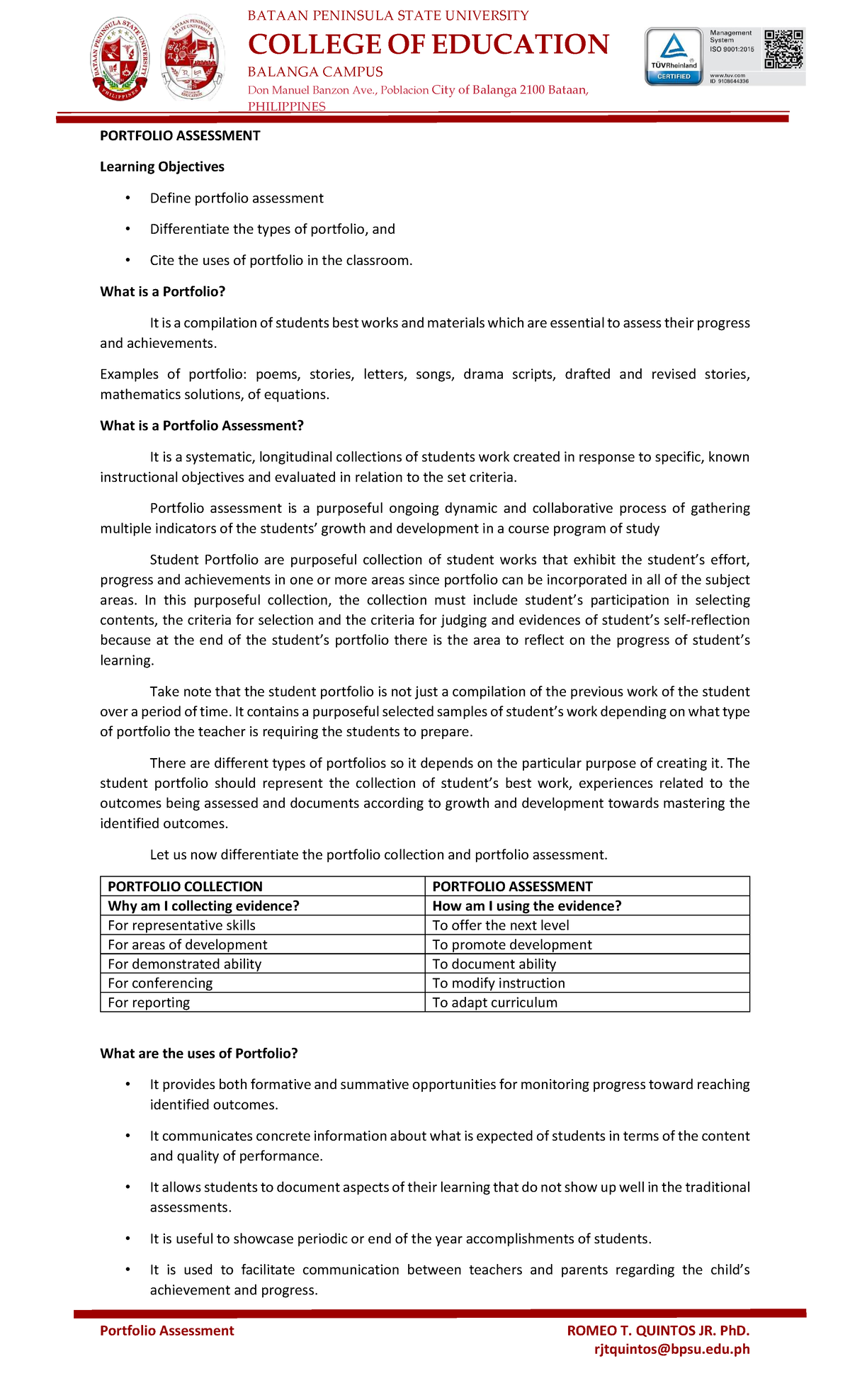 AIL2-5 - Portfolio Assessment Overview and Development Guide - Studocu