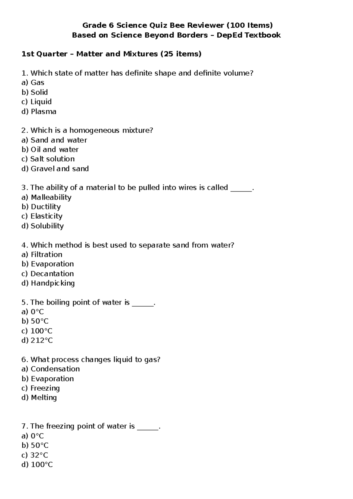 Grade 6 Science Quiz Bee Reviewer (100 Items) - Matter, Energy & Earth ...