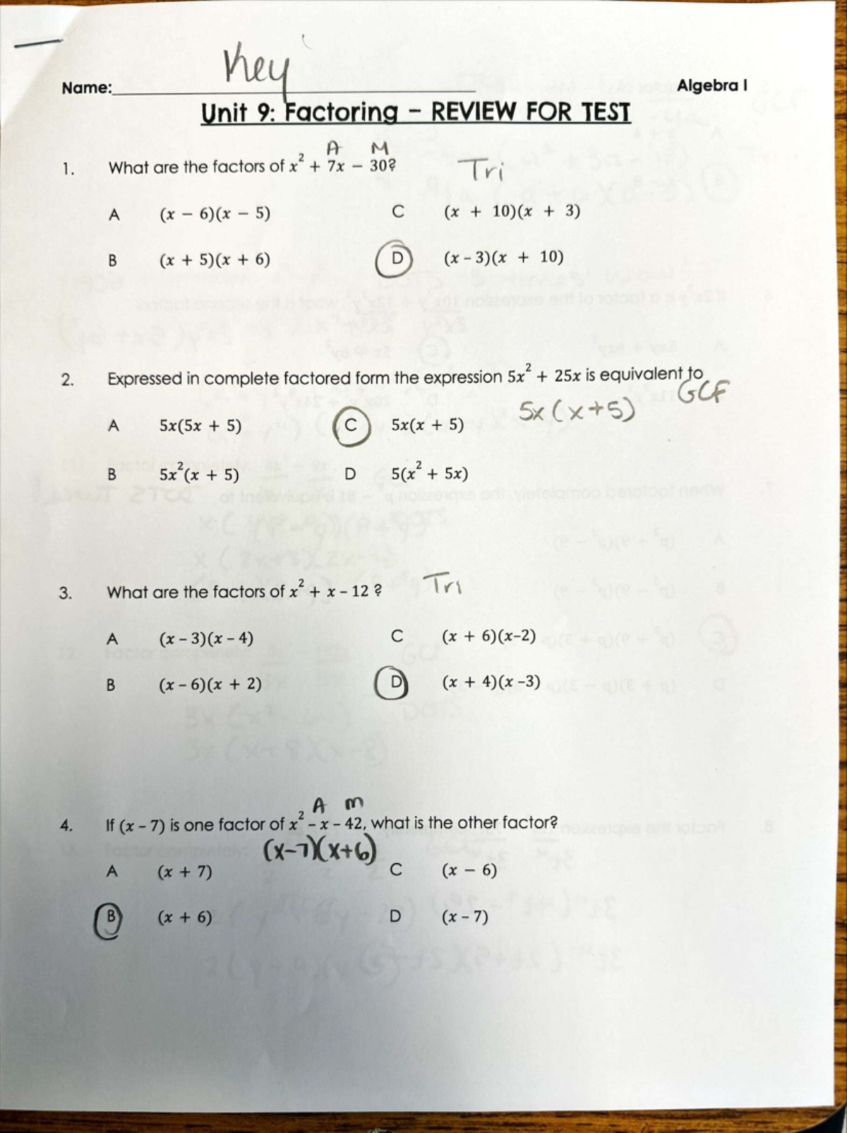 Key Algebra I Unit 9: Factoring Review for Test A - Answer Key - Studocu