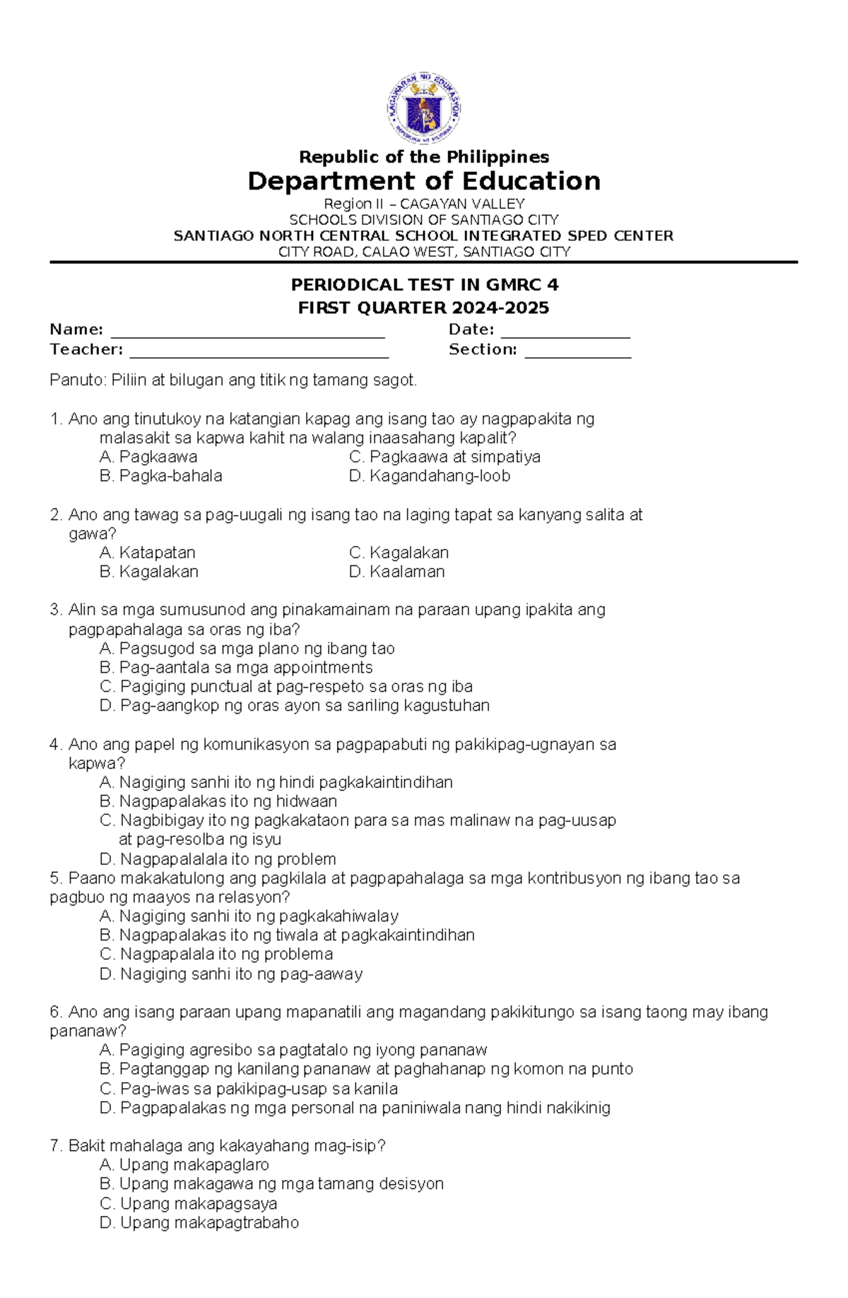 Q1 Periodical Test in GMRC 4 - 1st Quarter 2024 - Studocu