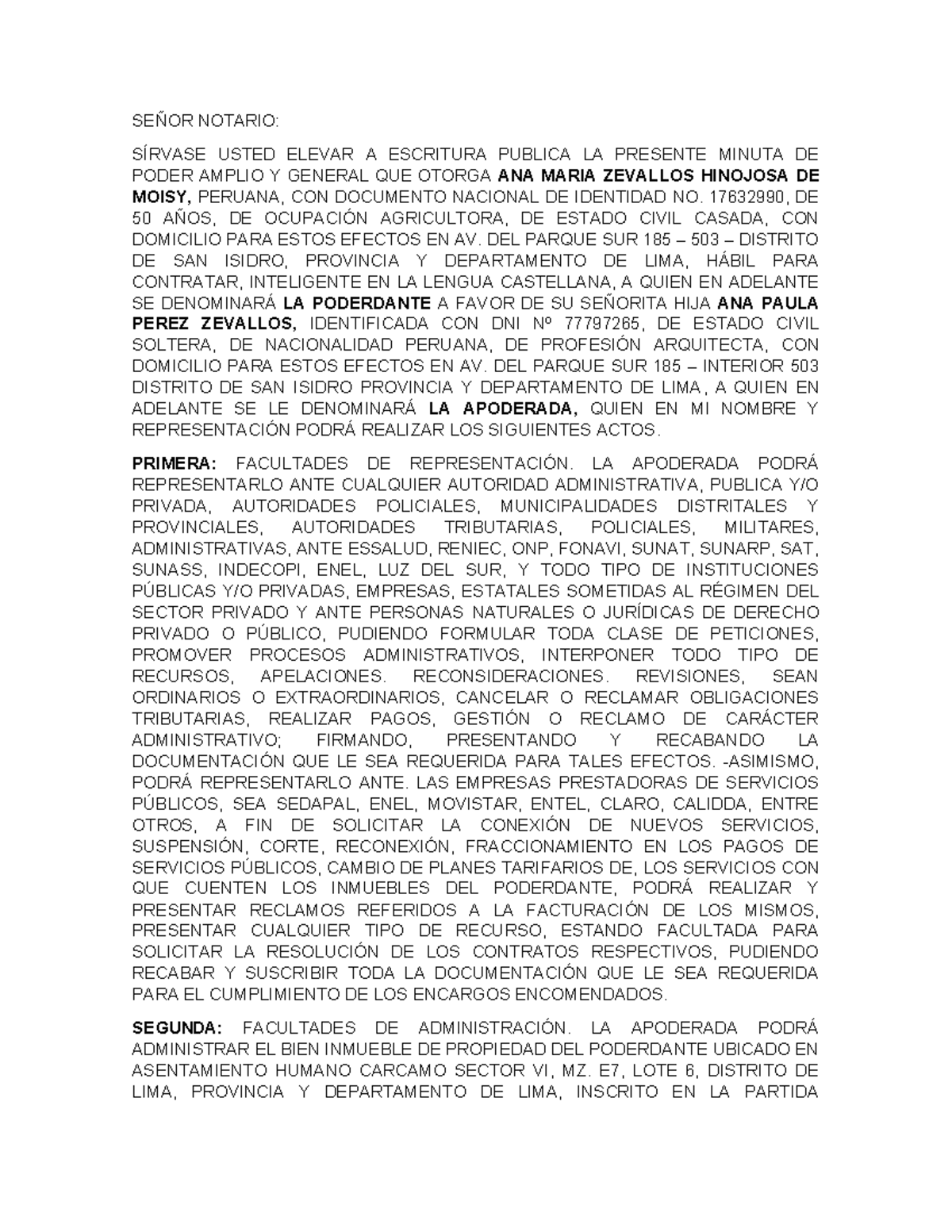 Poder Amplio y General de Ana María Zevallos Hinojosa - Studocu