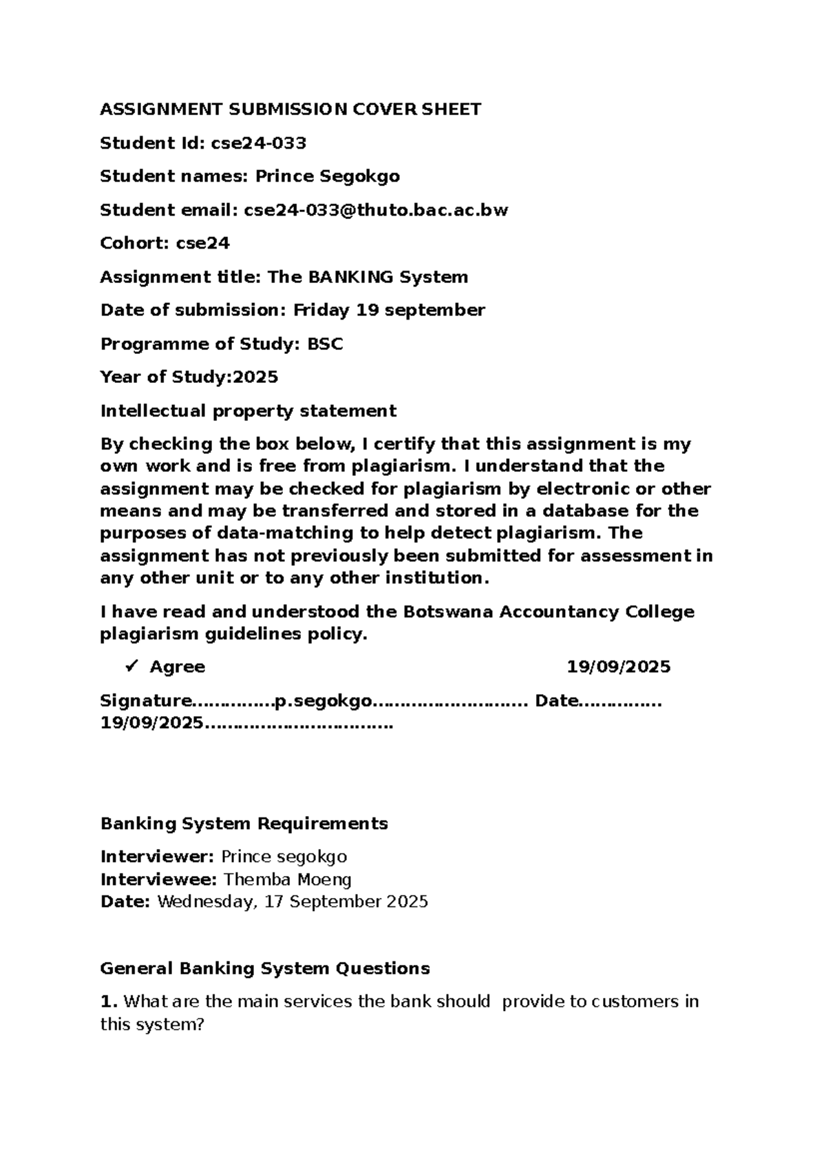 CSE24 Assignment: Banking System Interview Record - Studocu