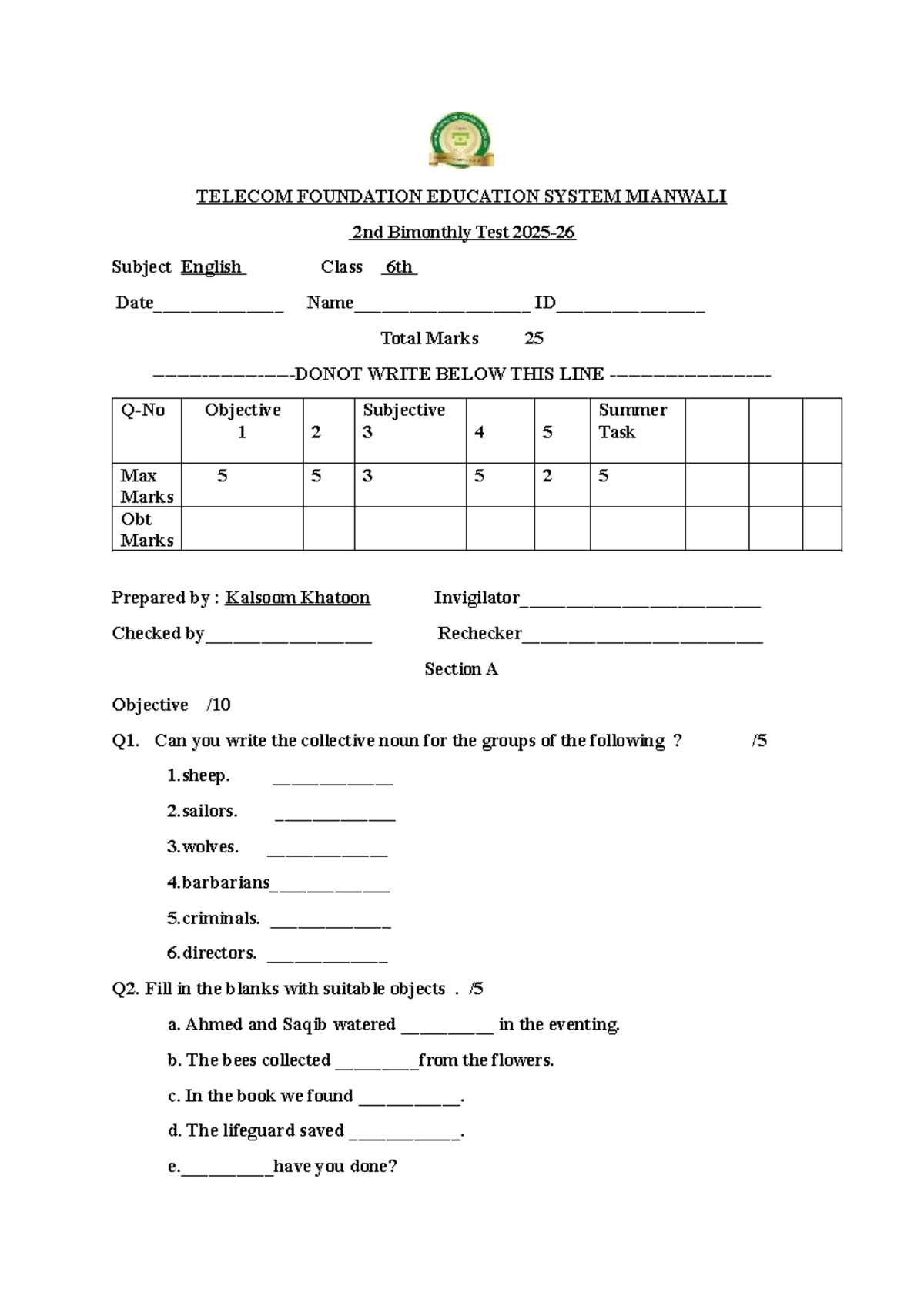 Grade 6 English 2nd Bimonthly Test - Total Marks 25 - Studocu