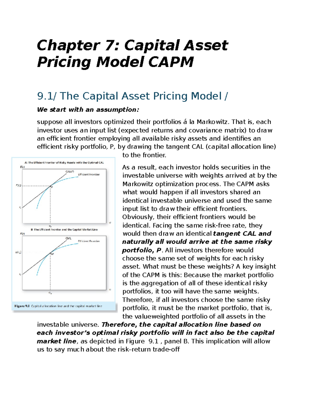 Chapter 7- CAPM - Chapter 7: Capital Asset Pricing Model CAPM 9/ The Capital Asset Pricing Model ...
