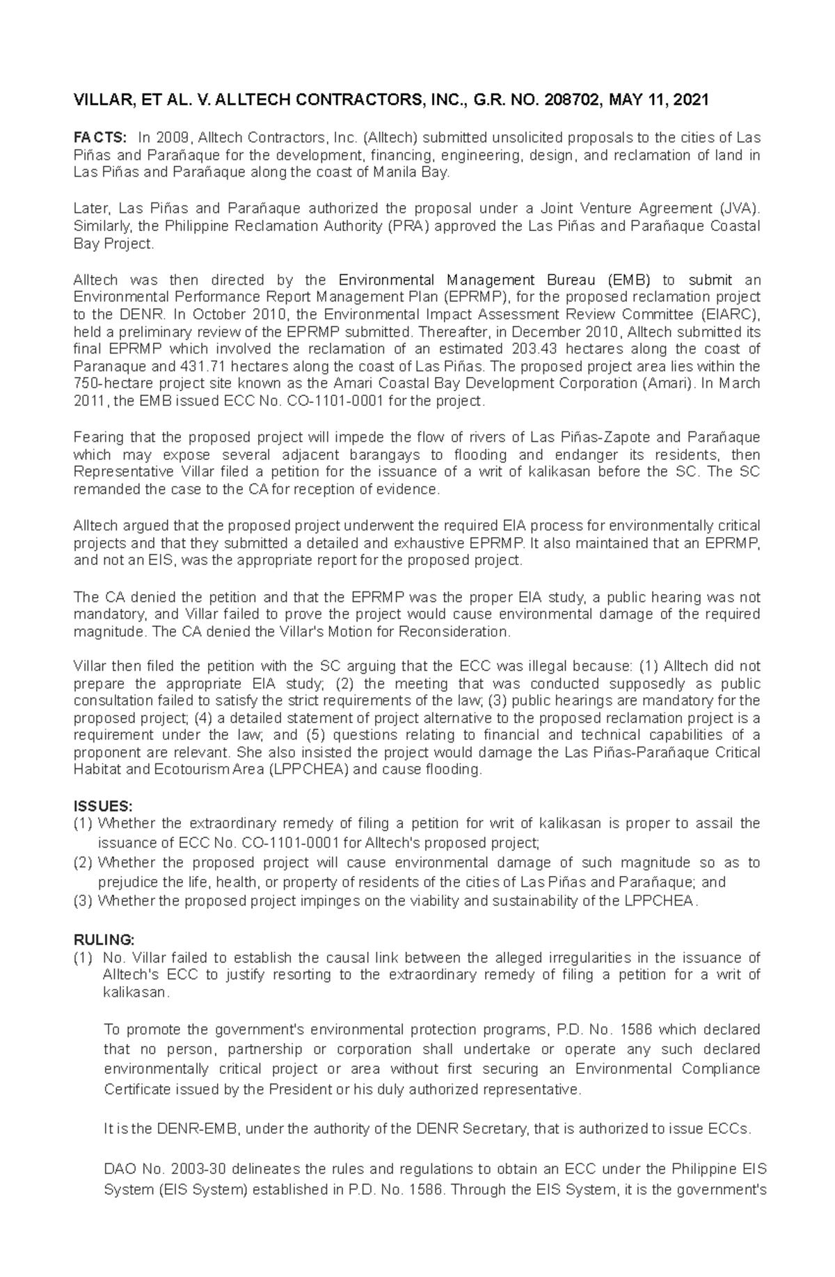 Villar et al. v. Alltech Contractors, Inc. G.R. No. 208702 Case Summary ...