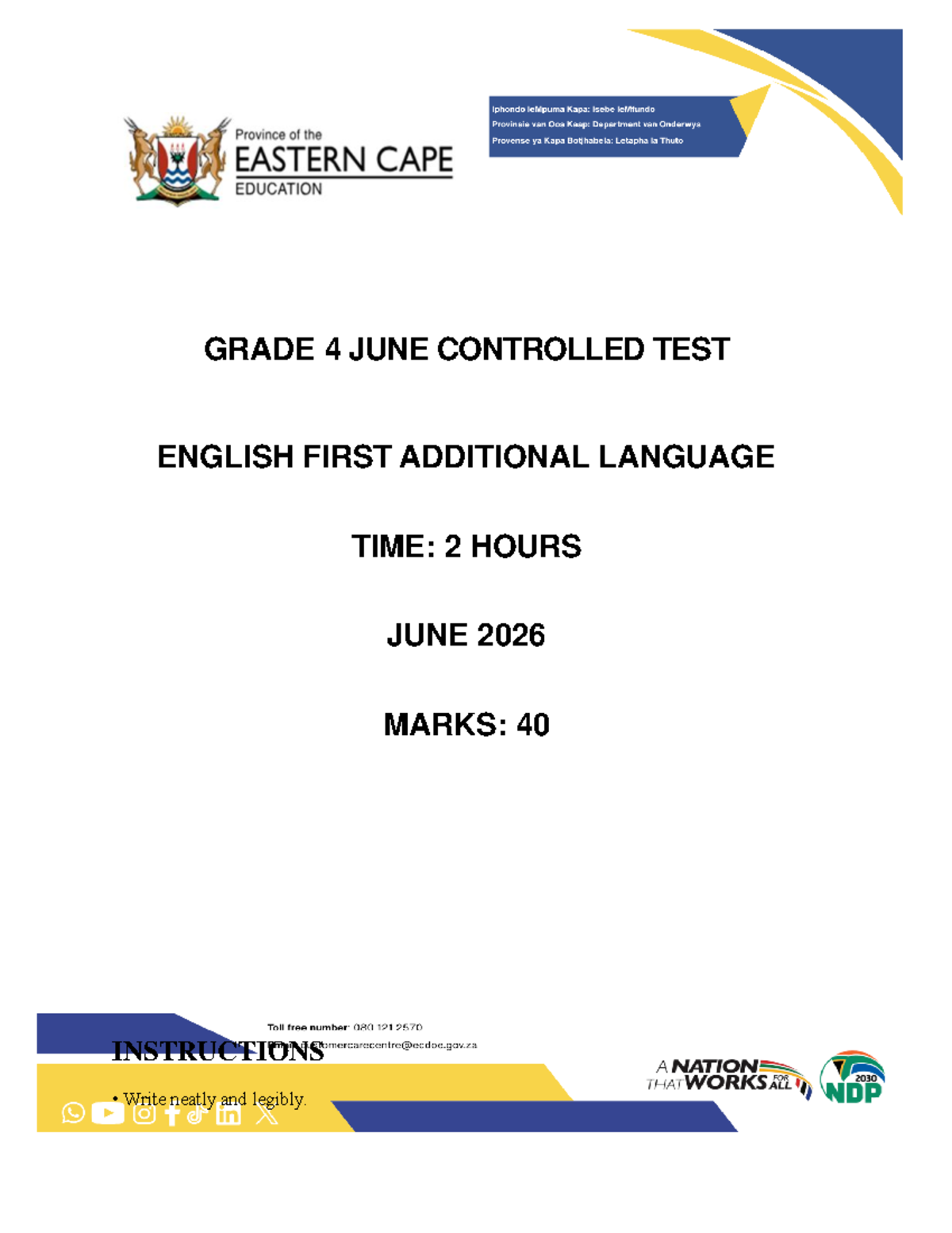 English - Grade 4 June Controlled Test 2026: Healthy Habits ...