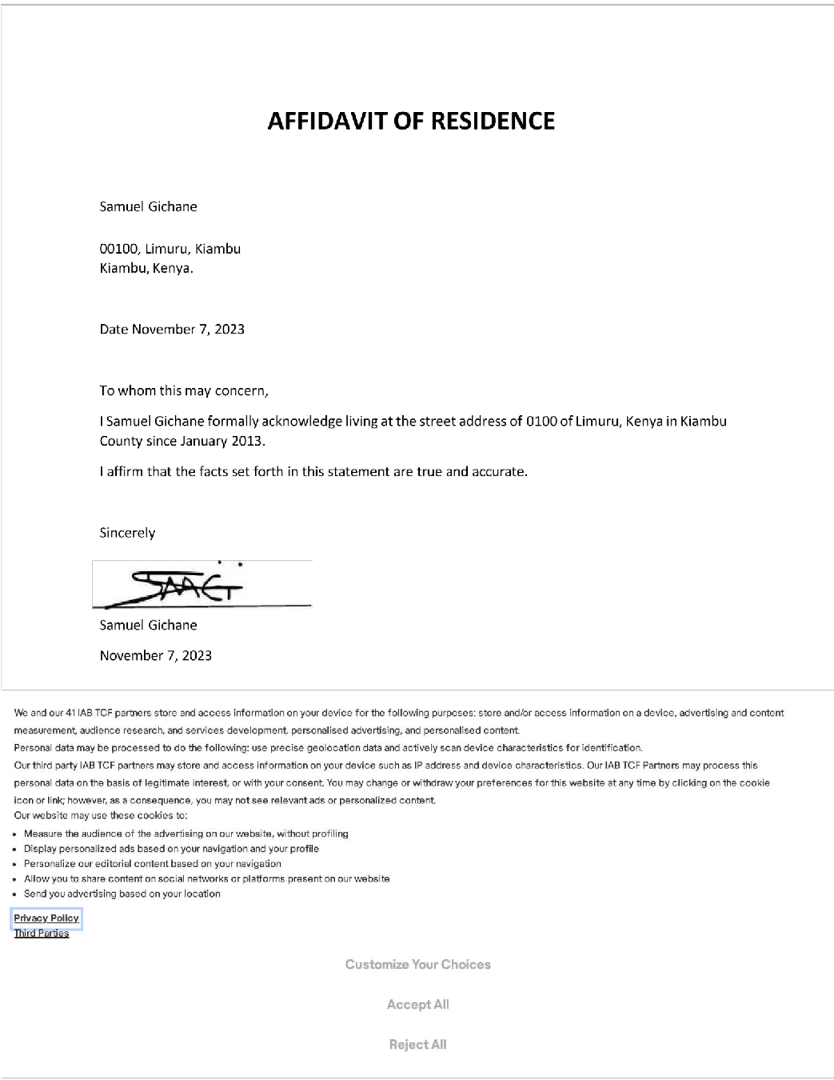 Affidavit of Residence - Samuel Gichane, Limuru, Kenya - Studocu