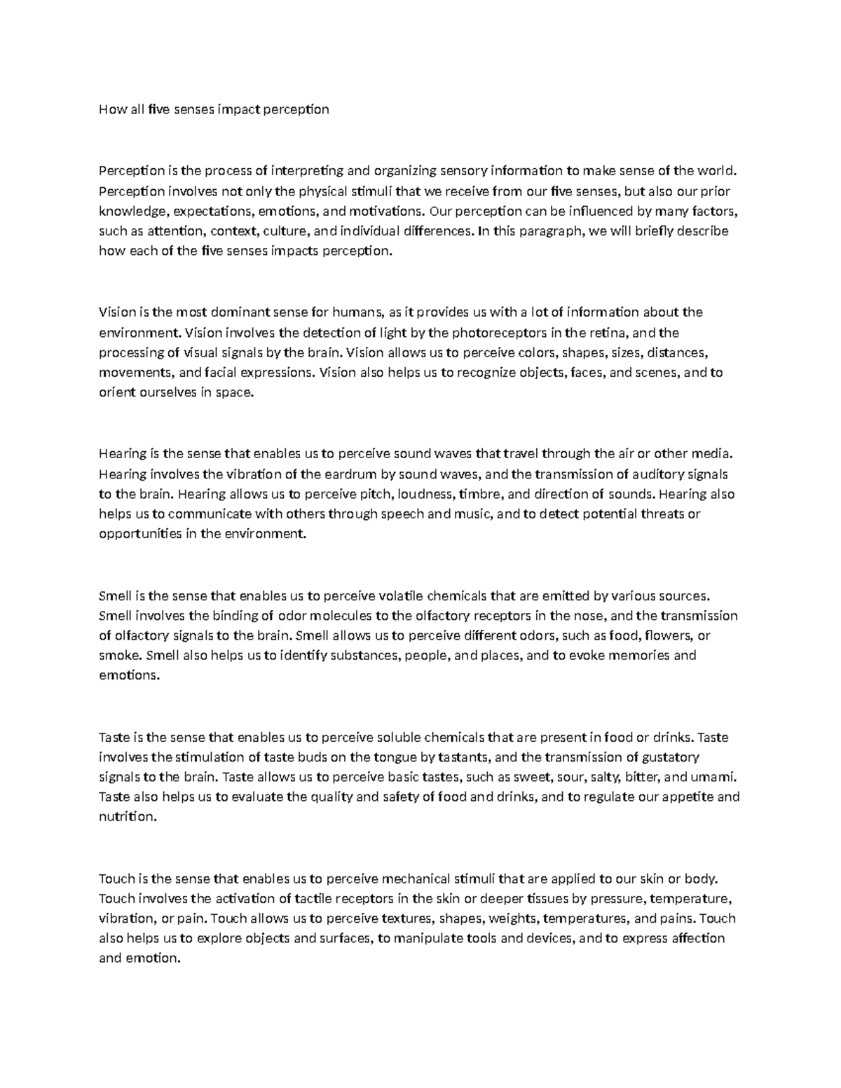 The Impact of All Five Senses on Human Perception - Studocu