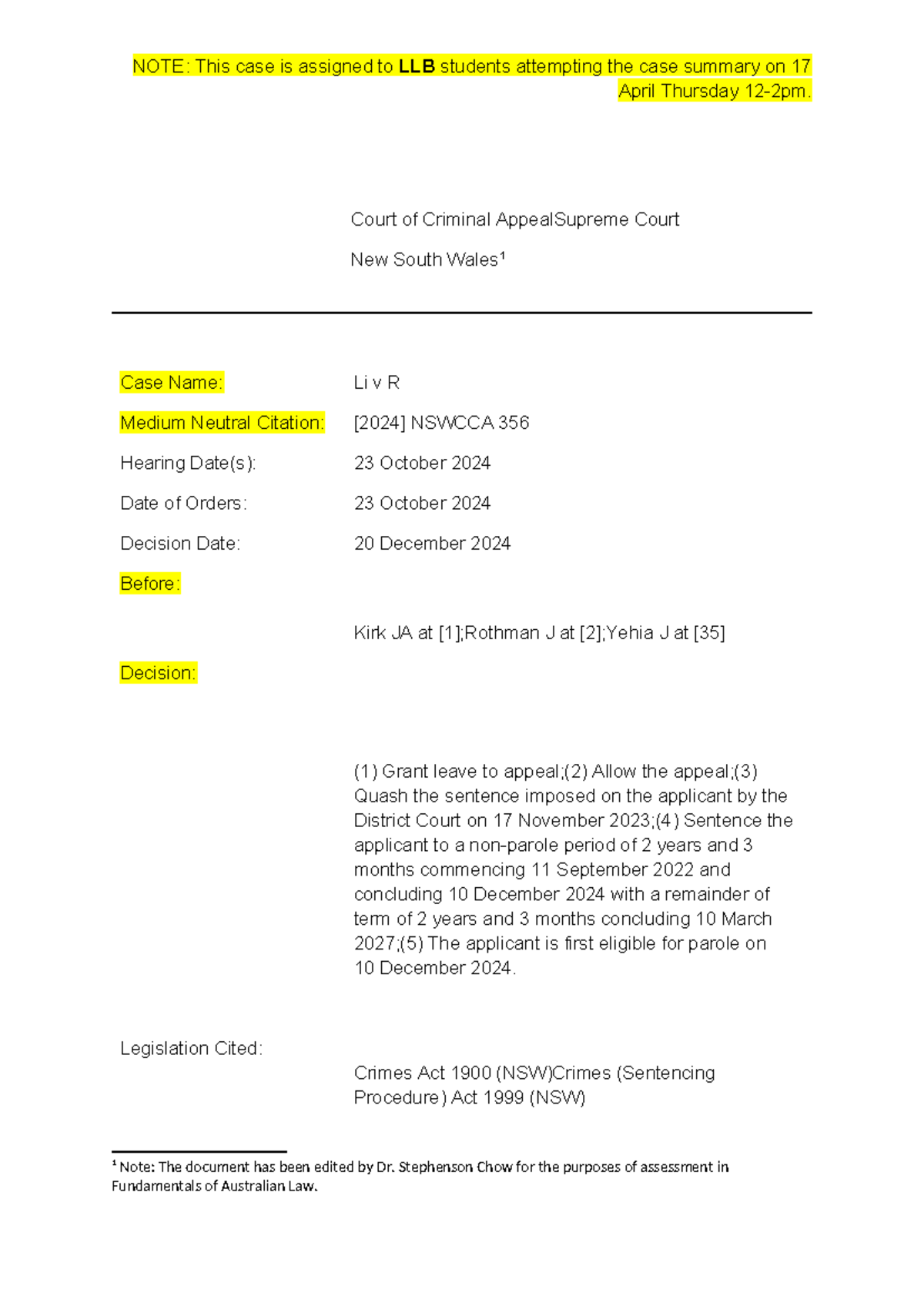 LLB Case Summary: Li v R - NSWCCA 356 (Criminal Appeal) - Studocu