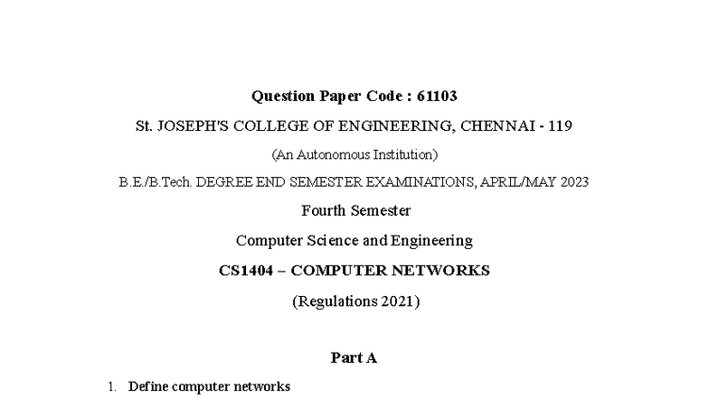 CS1404 Computer Networks End Semester Exam Question Paper 2023 - Studocu