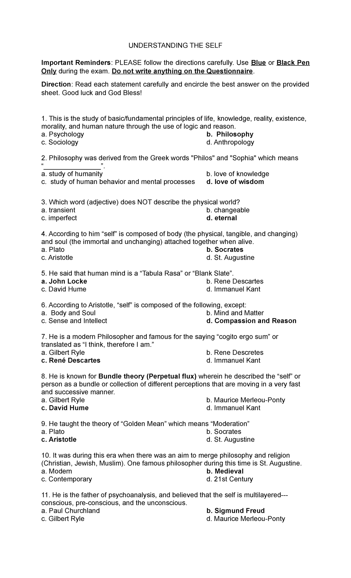 Prelim EXAM - UNDERSTANDING THE SELF Important Reminders: PLEASE follow ...