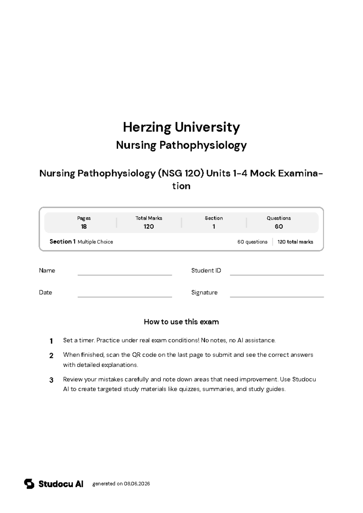 NSG 120 Nursing Pathophysiology Units 1-4 Mock Exam - Studocu