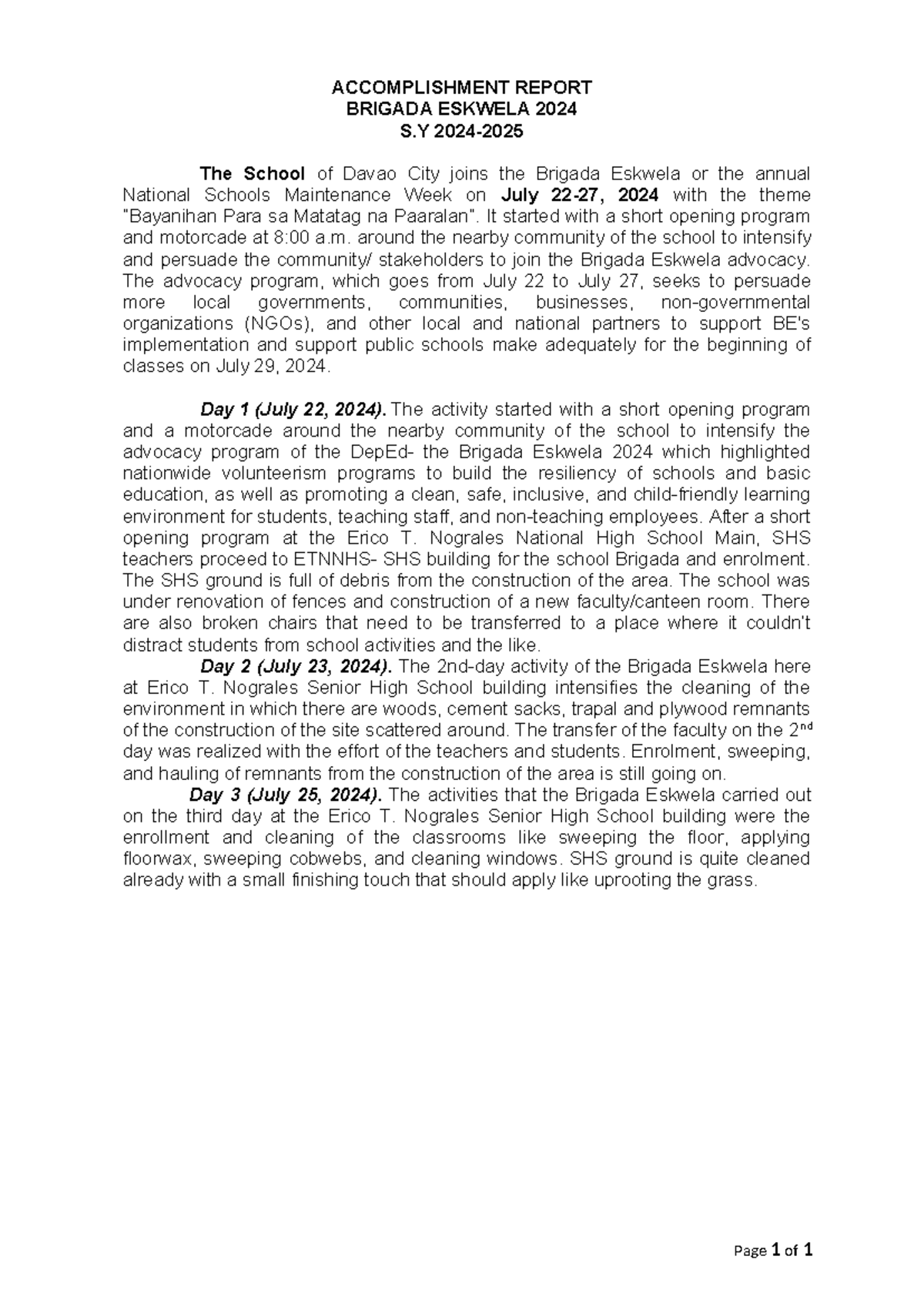 Brigada Eskwela 2024 Accomplishment Report: SY 2024-2025 - Studocu