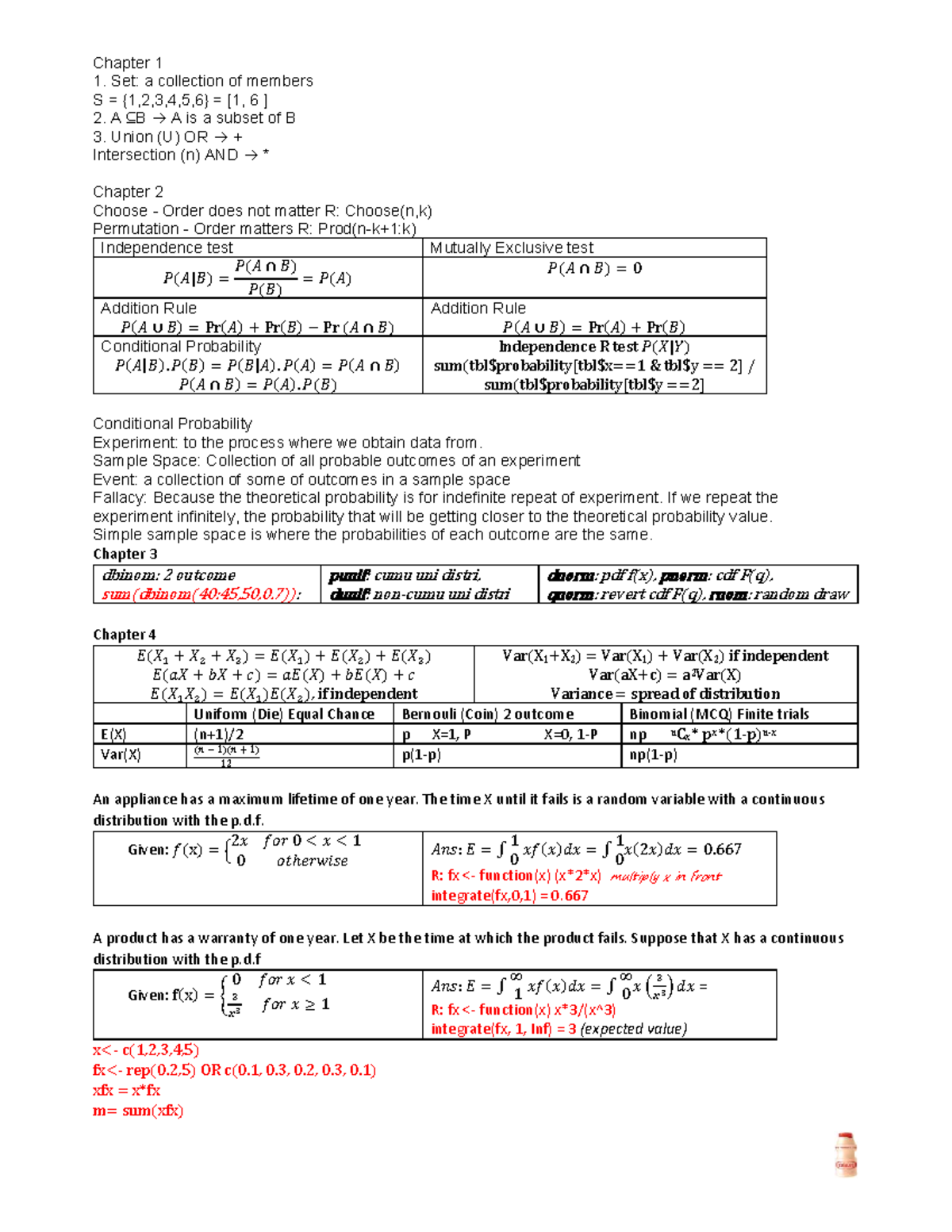 Statistics Cheatsheet (1) - Chapter 1 Set: a collection of members S ...