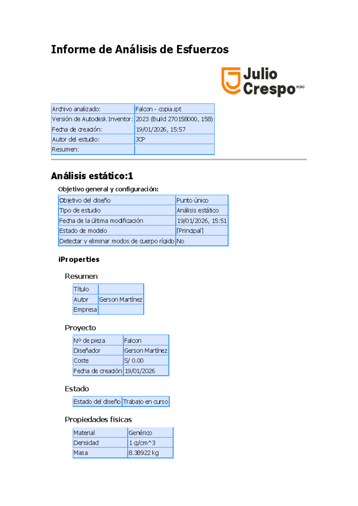 Informe de Análisis Estático de Esfuerzos - Falcon.ipt - Studocu