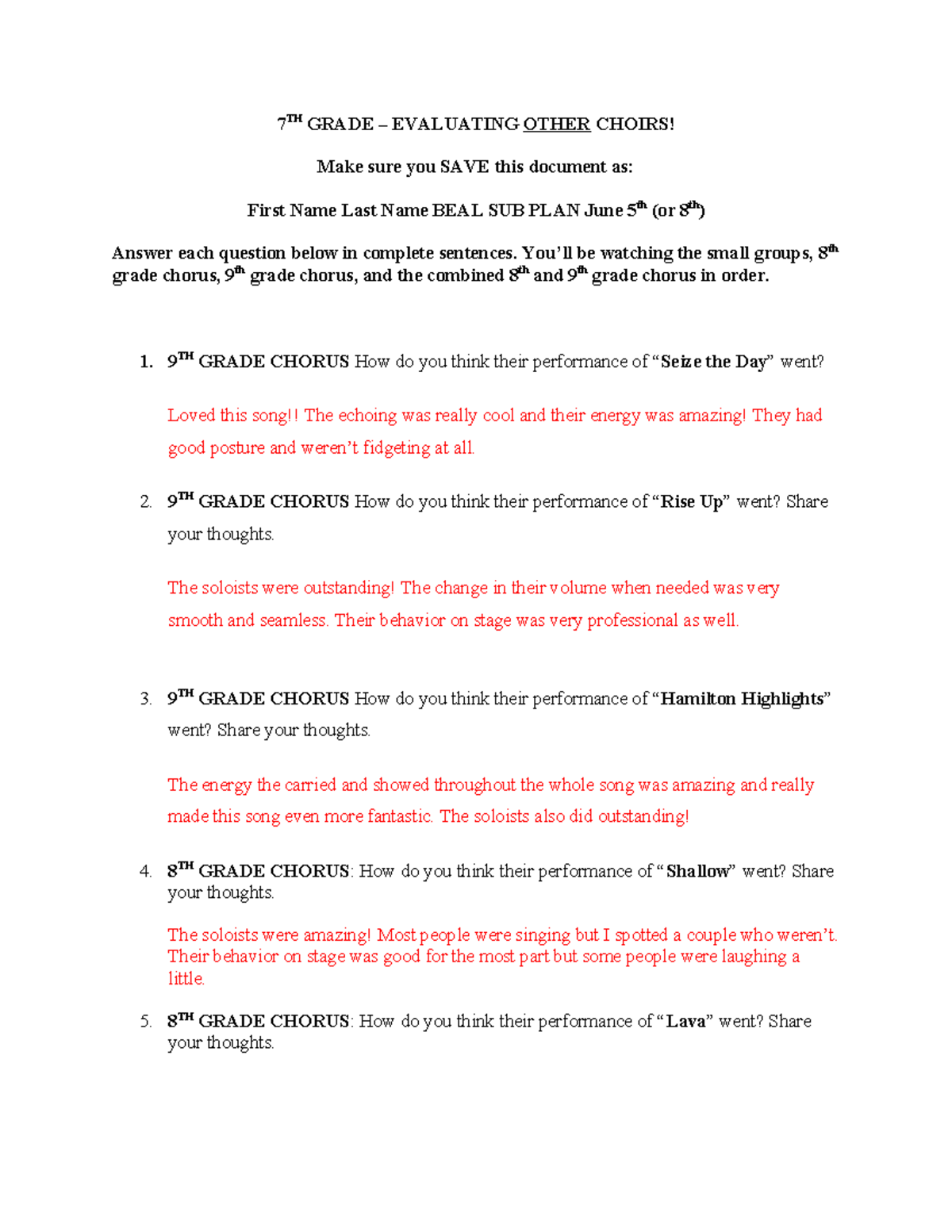 7TH GRADE CHORUS PERFORMANCE EVALUATION - BEAL SUB PLAN - Studocu