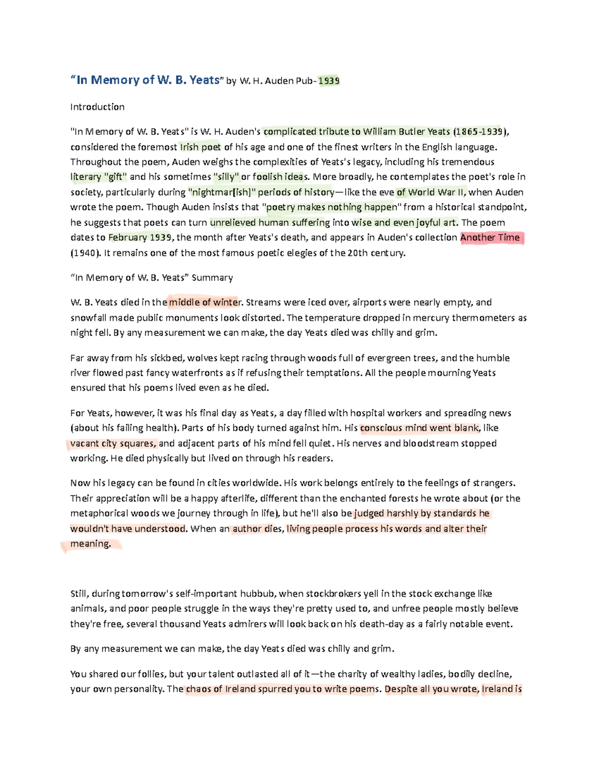 In Memory of W.B. Yeats: A Critical Elegy - ENG 101 - Studocu