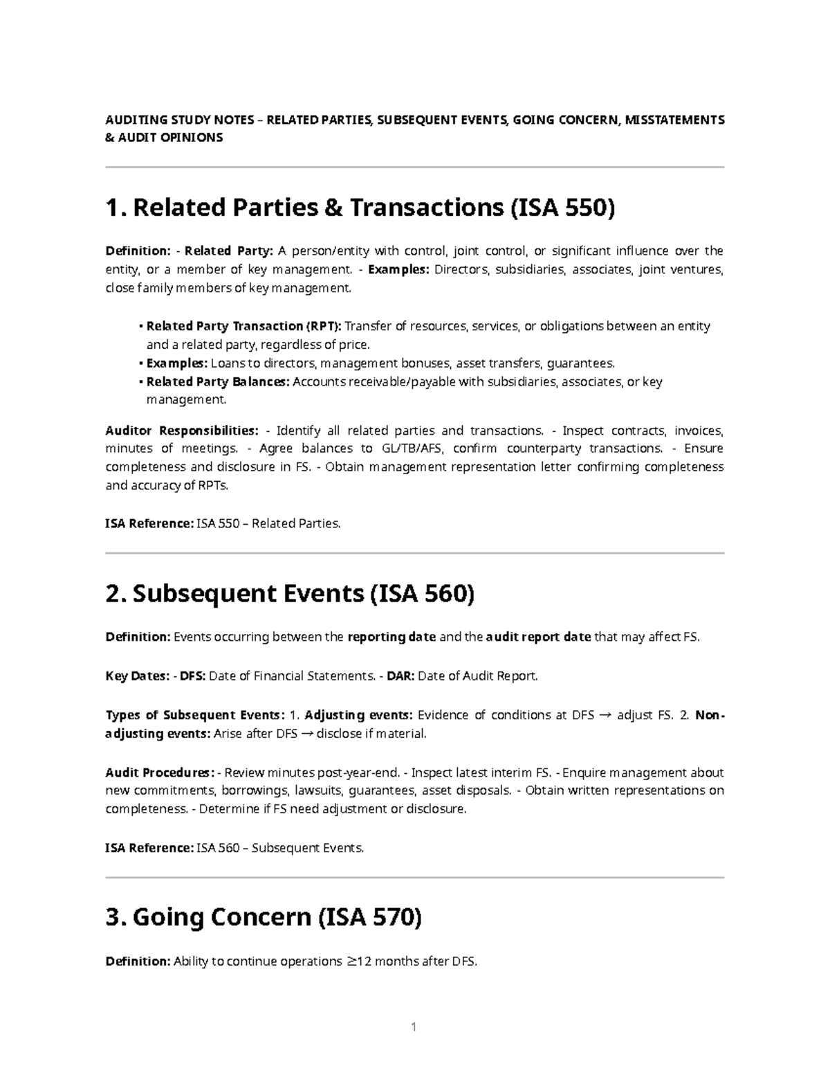 AUDITING STUDY NOTES: RPTs, SUBSEQUENT EVENTS, GOING CONCERN ...