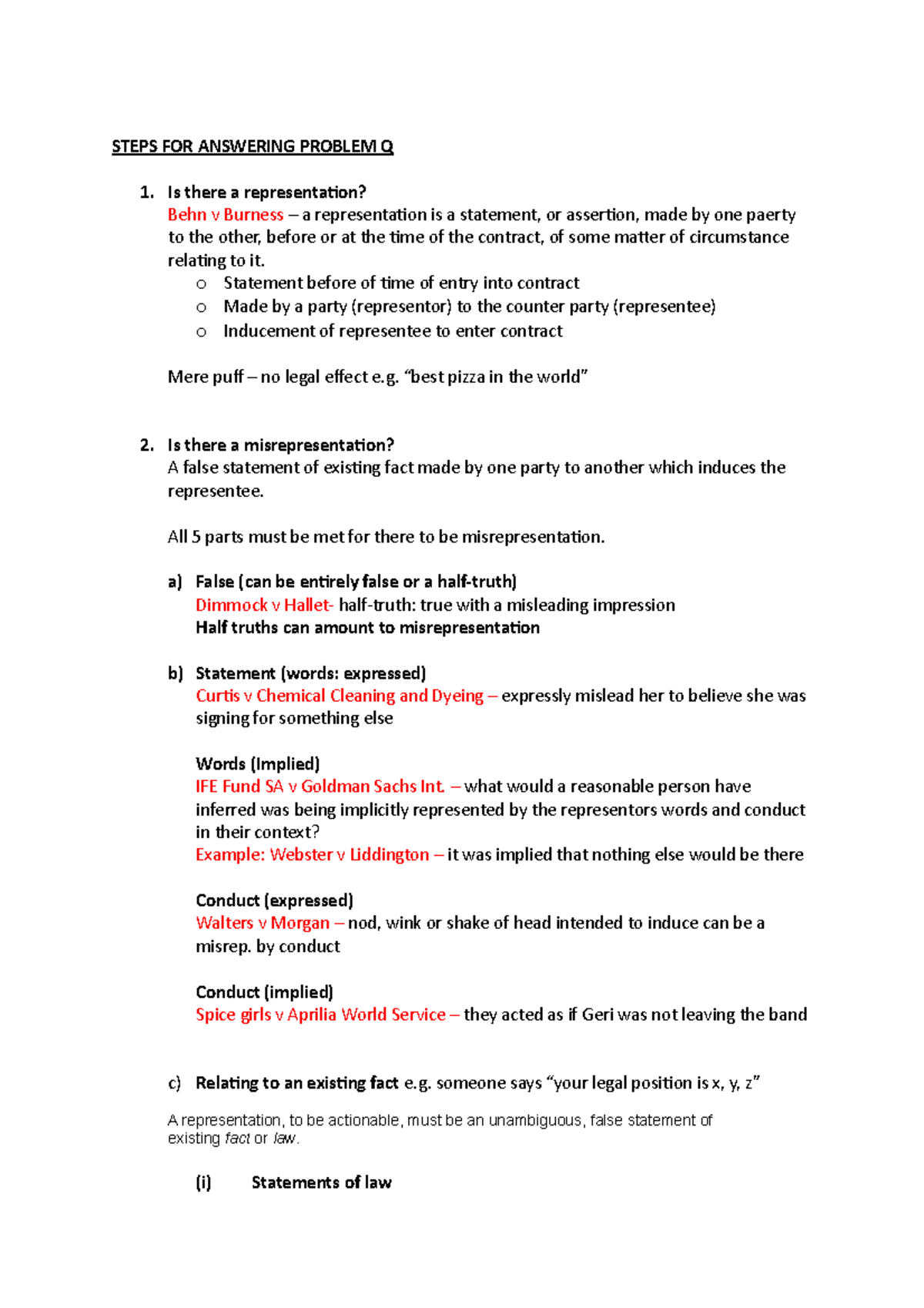 Misrepresentation Law: Problem Question Outline Guide - Studocu