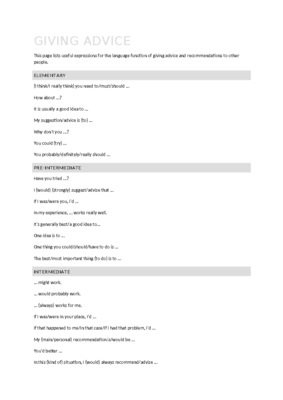 Phrases for giving advice in English language learning (elementary ...