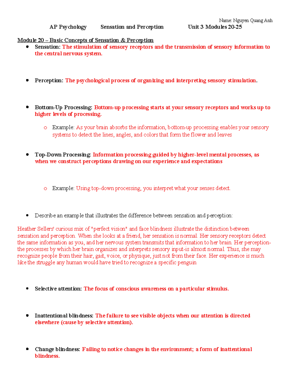 AP Psychology (Unit 3) Reading Guide: Sensation & Perception Concepts ...