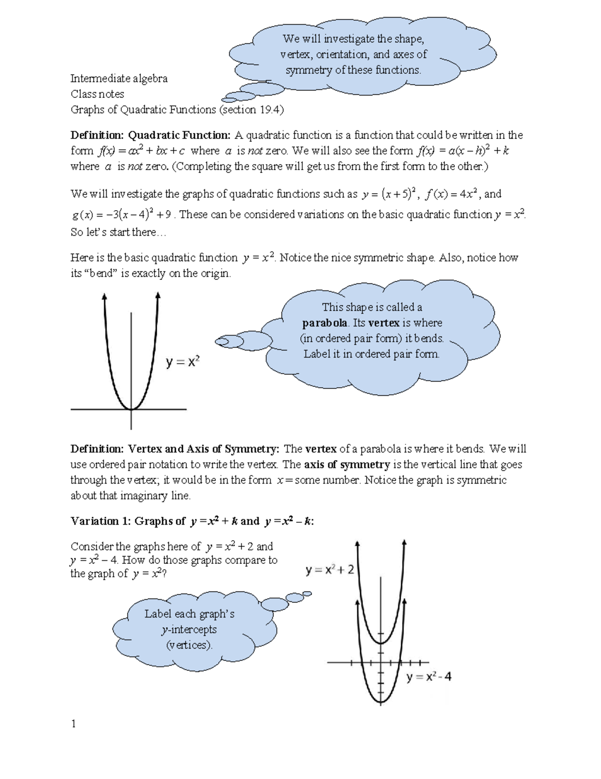 Intermediate Algebra: Graphs of Quadratic Functions - Studocu