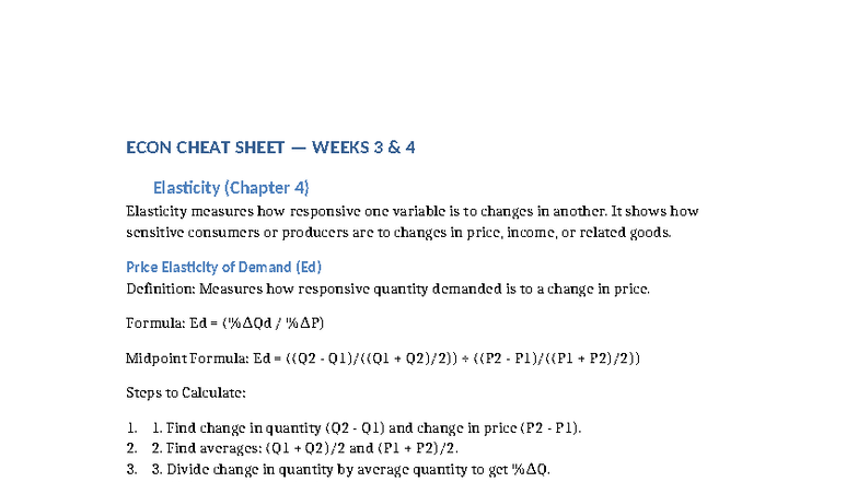 ECON Cheat Sheet: Elasticity Concepts (Chapters 4-6) - Studocu