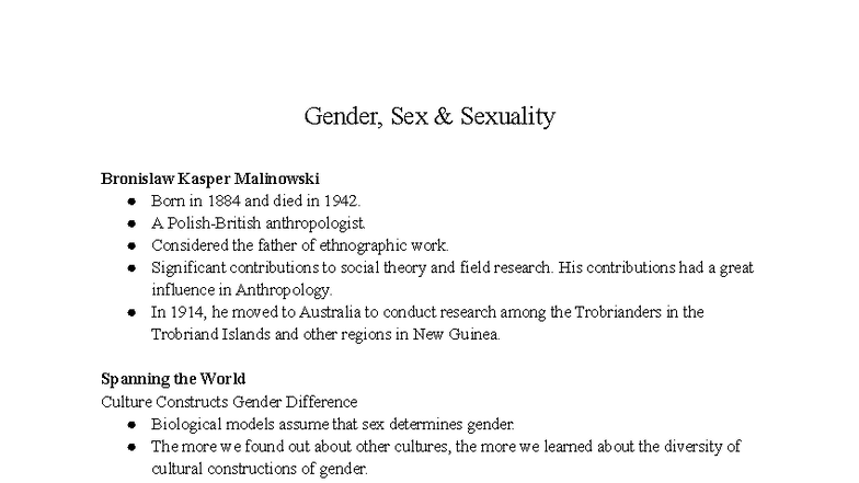 Week 3 ANTH1001 - Gender, Sex & Sexuality: Insights from Malinowski ...