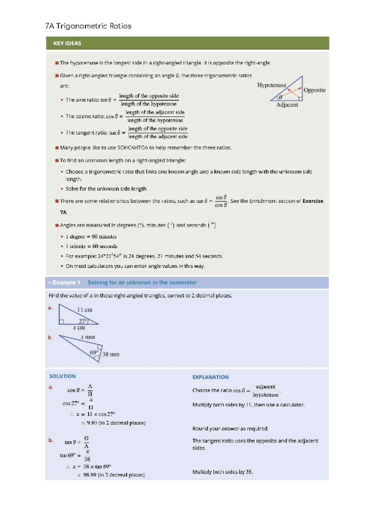 7A Math - math - 7A Trigonometric Ratios KEY IDEAS The hypotenuse is the longest side in a ...