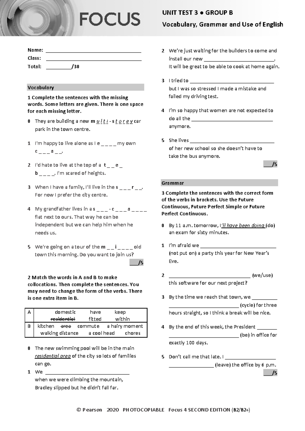 Focus 4 2E Unit Test 3 Group B: Vocabulary & Grammar Review - Studocu