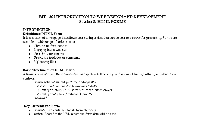 BIT 1202 Introduction to Web Design: Session 8 - HTML Forms Overview ...