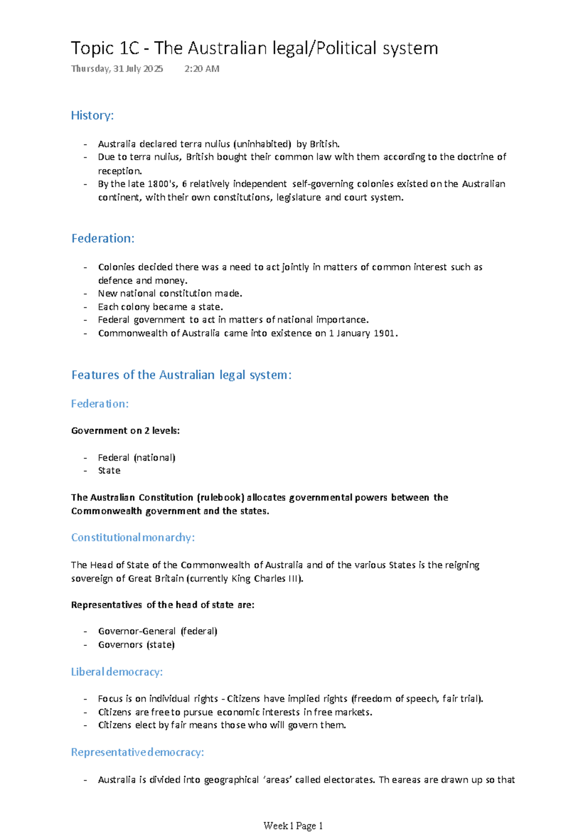 Topic 1C - Overview of the Australian Legal & Political System - Studocu