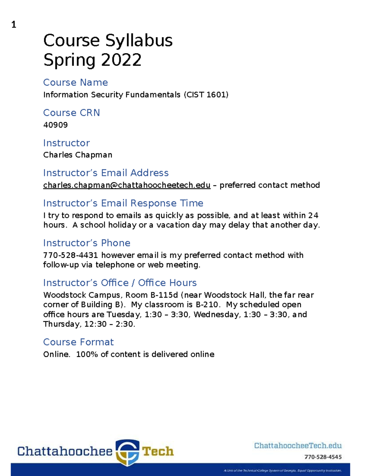 Spring 2022 Syllabus CIST 1601 - 40909(v1) - Tagged - Course Syllabus Spring 2022 Course Name ...