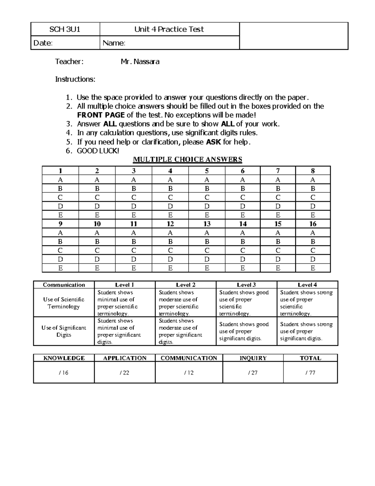 SCH 3U1 Unit 4 Practice Test - Comprehensive Review Guide - Studocu