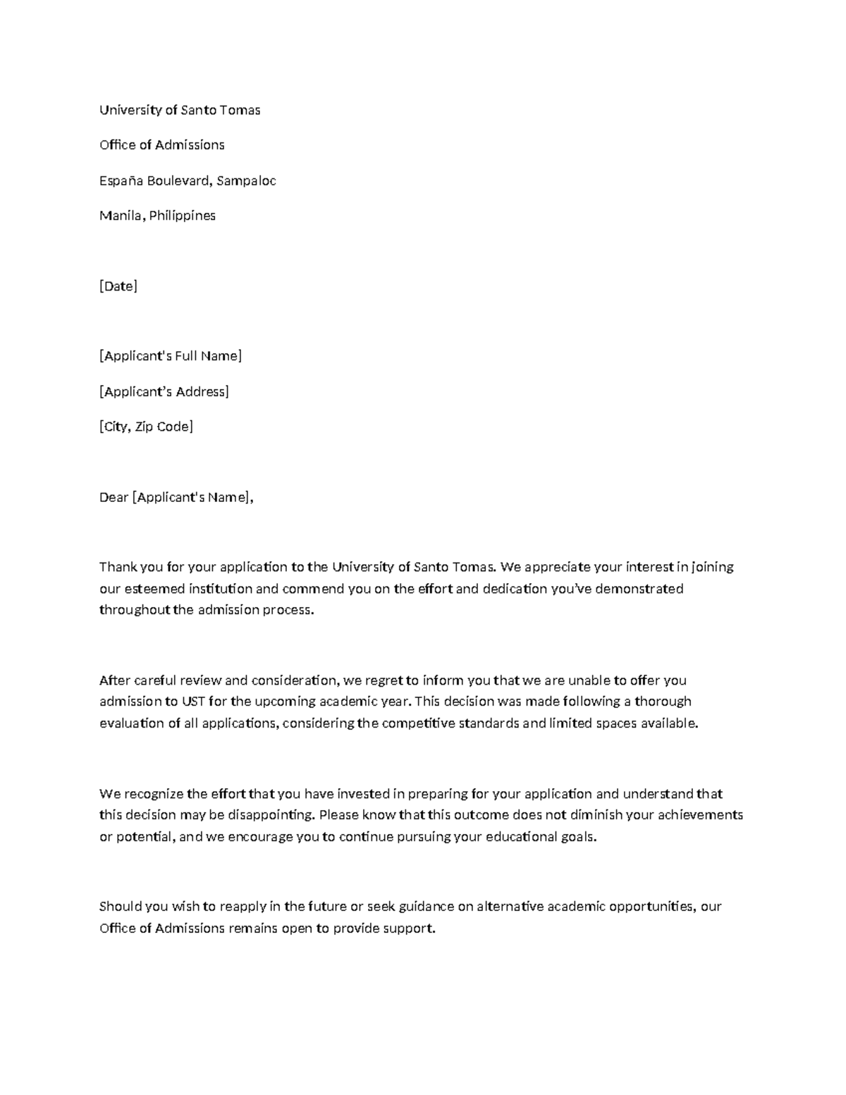 Letter of Approval - University of Santo Tomas Office of Admissions ...