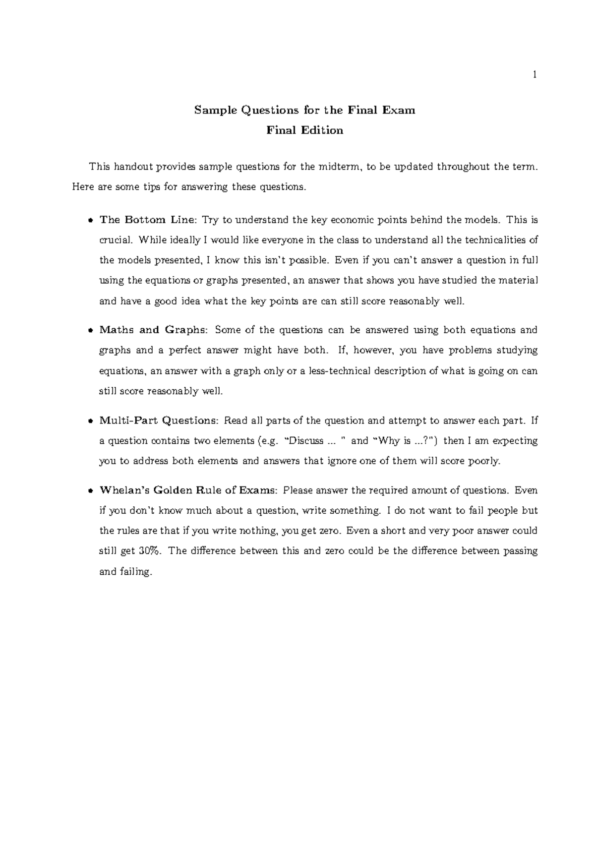 Sample Questions for the Final Exam - ECON 101 Analysis Guide - Studocu