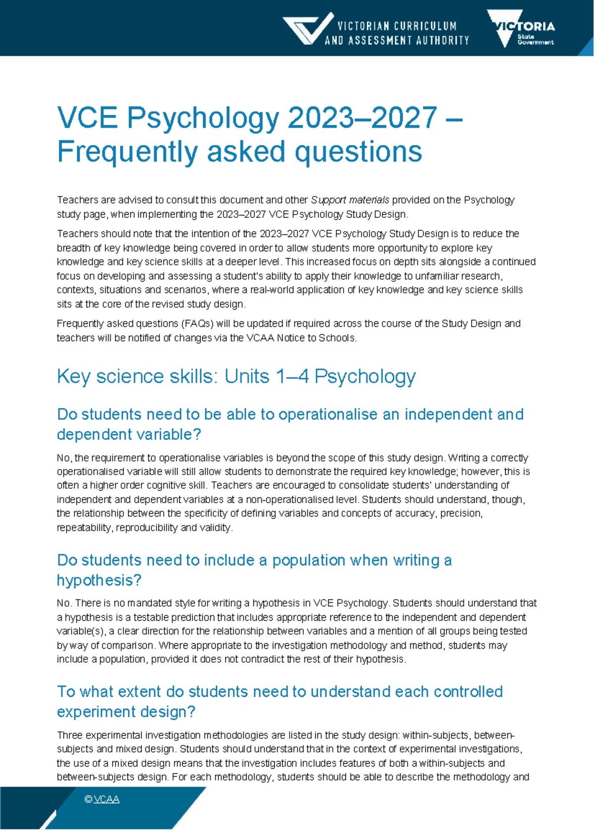 VCE Psychology 2023-2027 FAQs: Key Insights for Teachers - Studocu