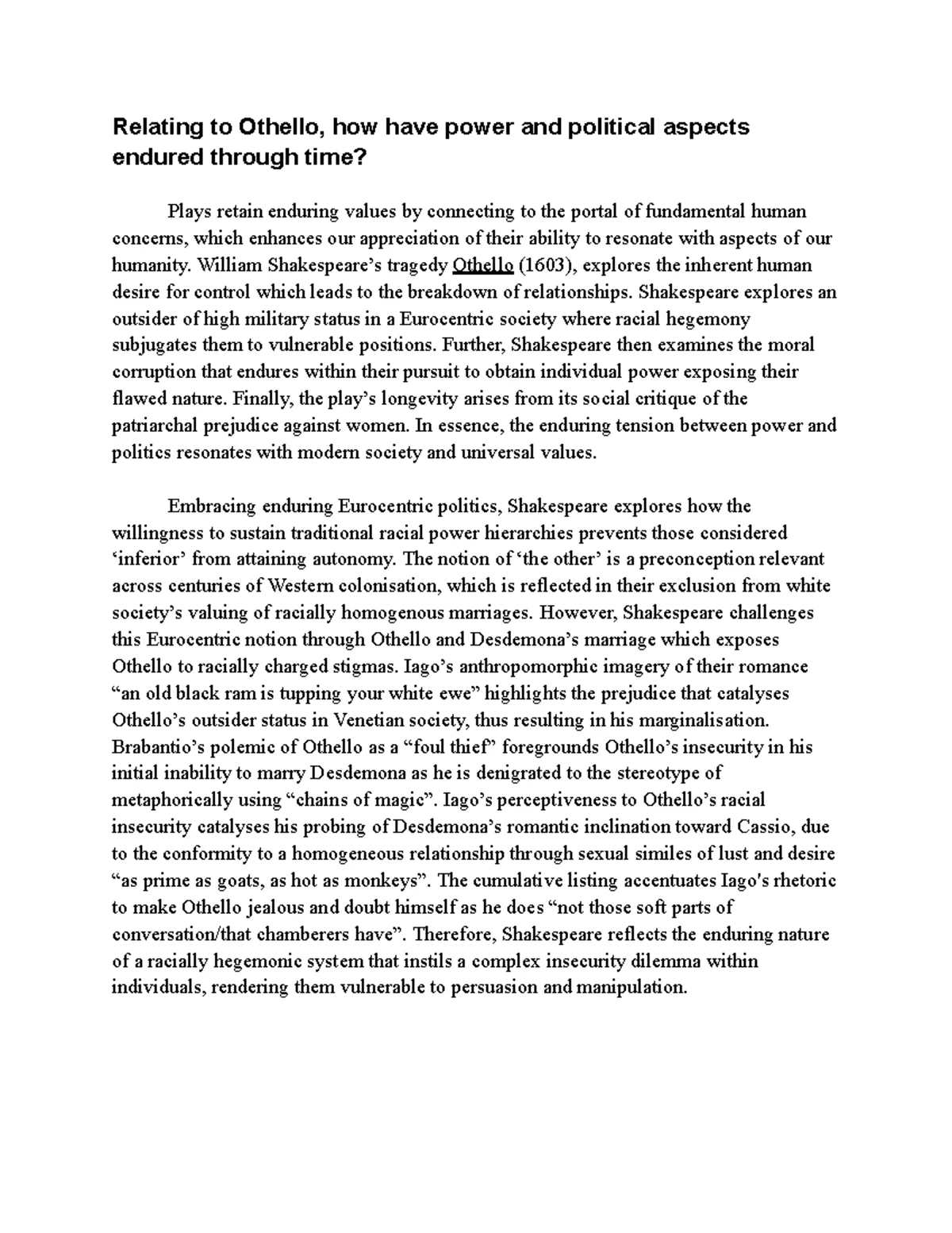 Othello Quotes Analysis: Key Themes and Techniques in Acts 1-5 - Studocu