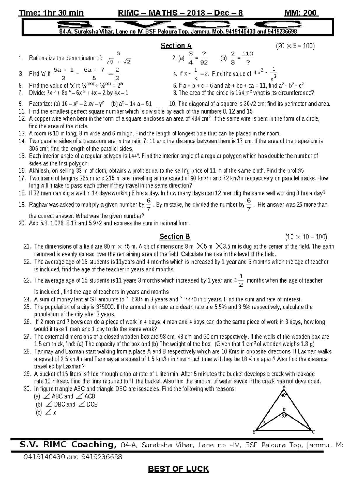 Rimc Maths - 2018 - Dec - 8 - Time: 1hr 30 min RIMC – MATHS – 2018 ...